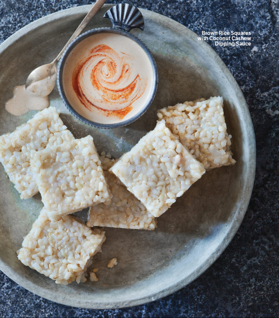 Brown Rice Squares with Coconut Cashew Dipping Sauce | Vegetarian Recipes